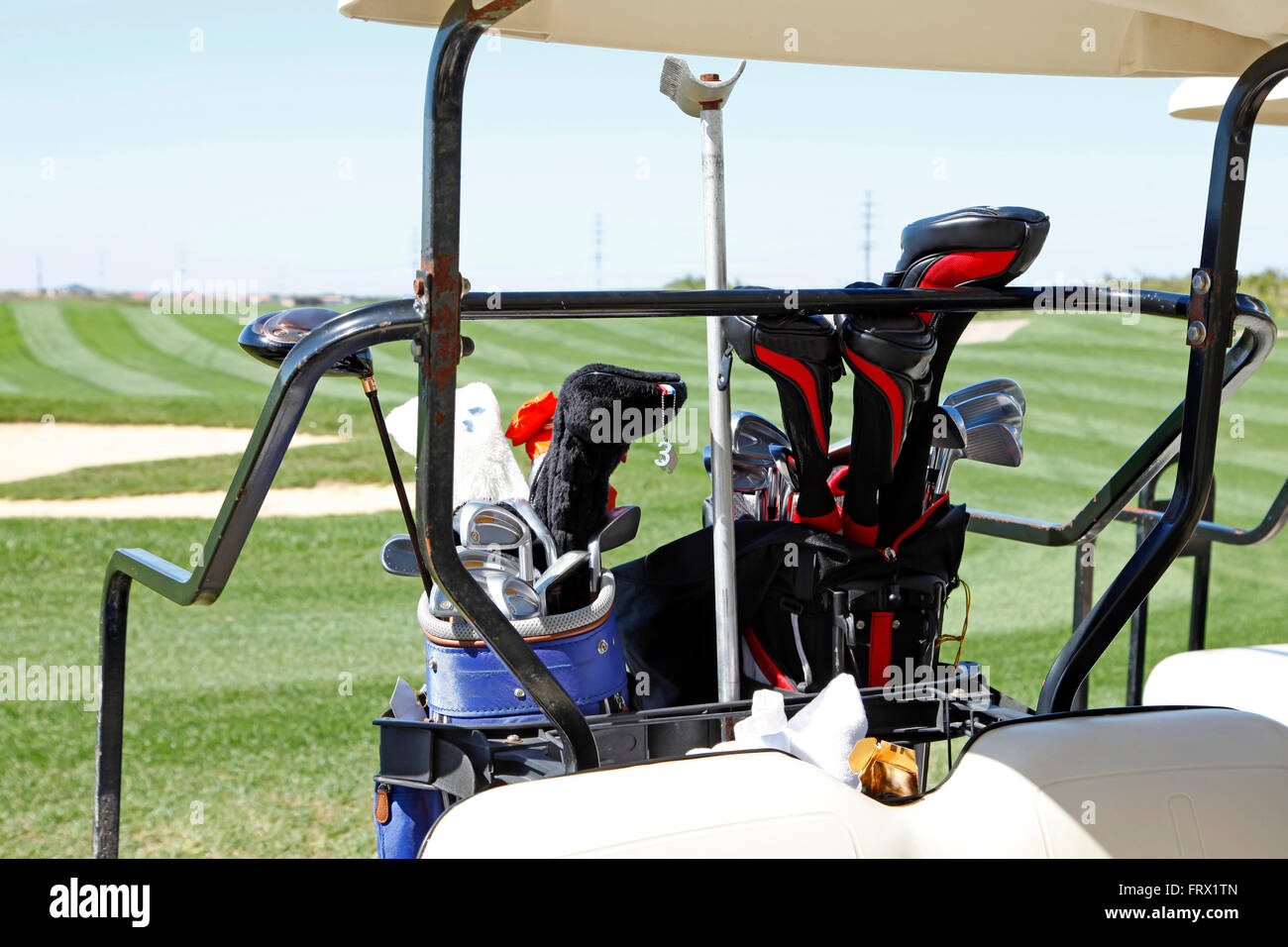 White golf carts at the green golf course Stock Photo - Alamy