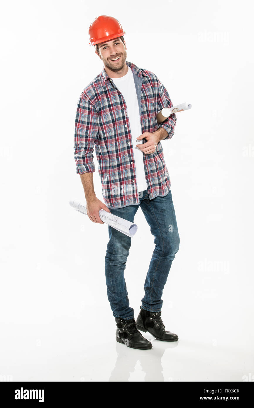 builder on isolated background with blueprints in arm Stock Photo - Alamy