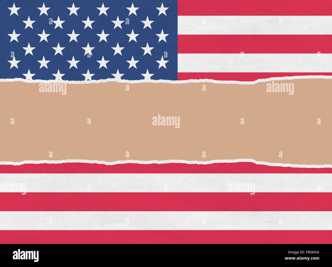 United States of America flag wrapping paper torn through the centre ...