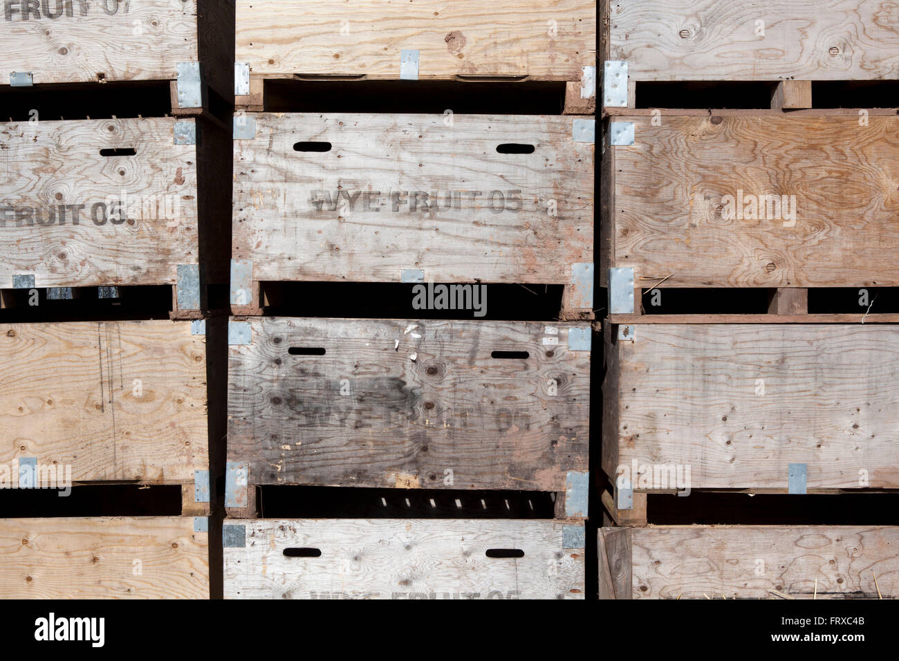 Large boxes used for storing and transporting fruit on a farm in the UK ...