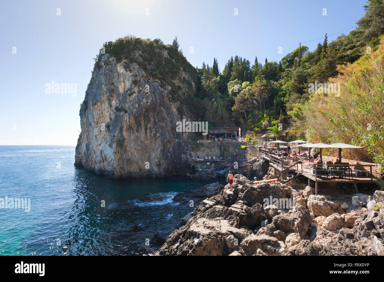 Beach bar La Grotta, La Grotta Bay, near Paleokastritsa, Corfu island ...