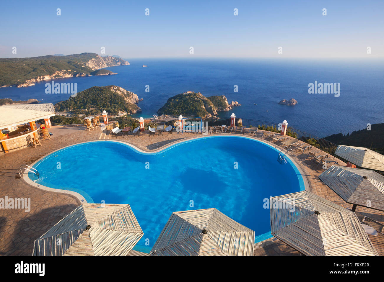 View from the pool of the Golden Fox Hotel over Paleokastritsa Bay ...