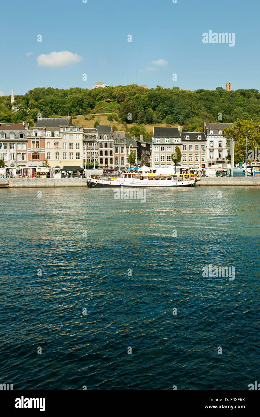 View over river Meuse to market La Batte and citadel, Liege, Wallonia ...