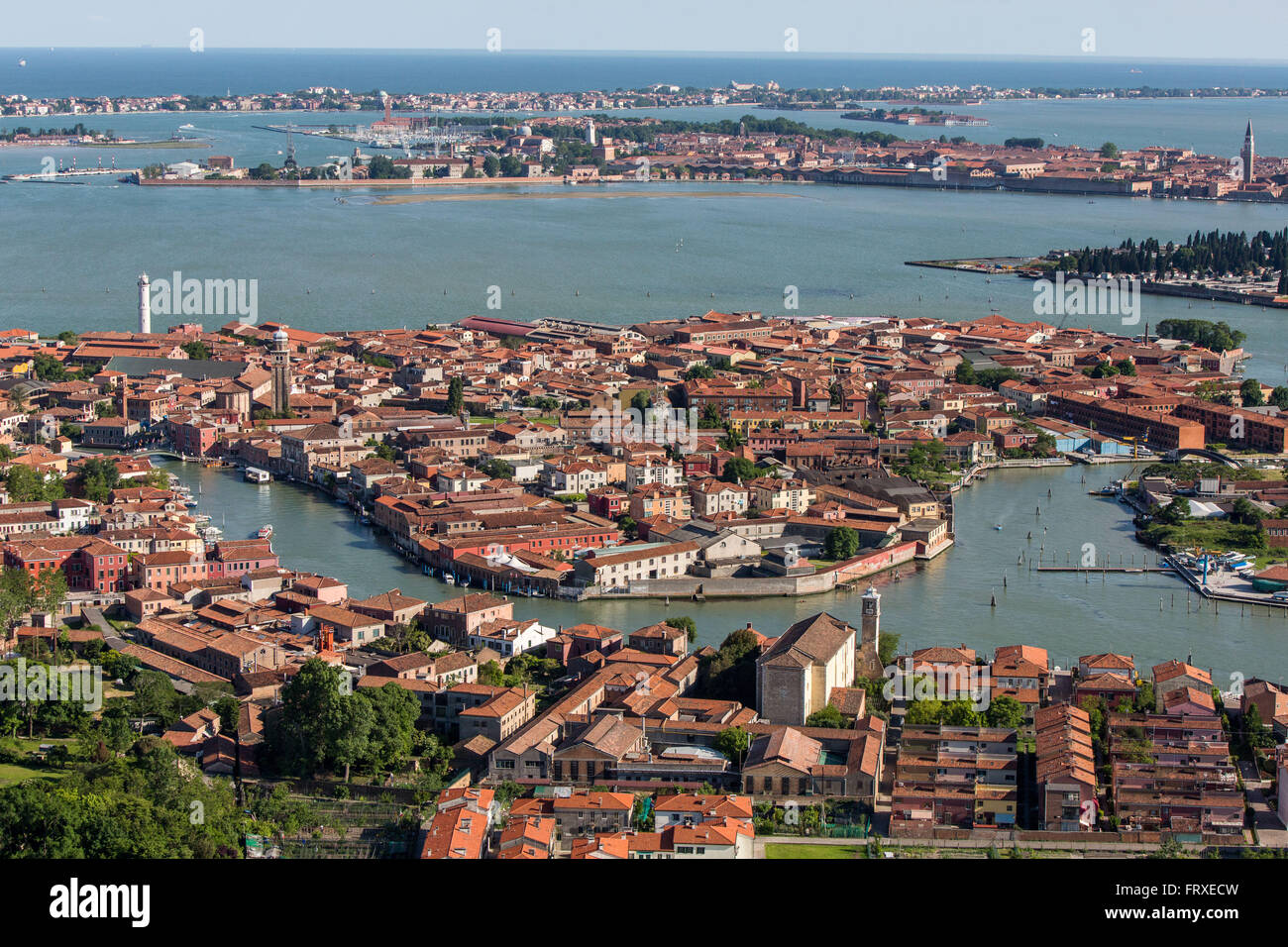 Aerial view of the Venetian Lagoon, Glassmakers, Island of Murano ...