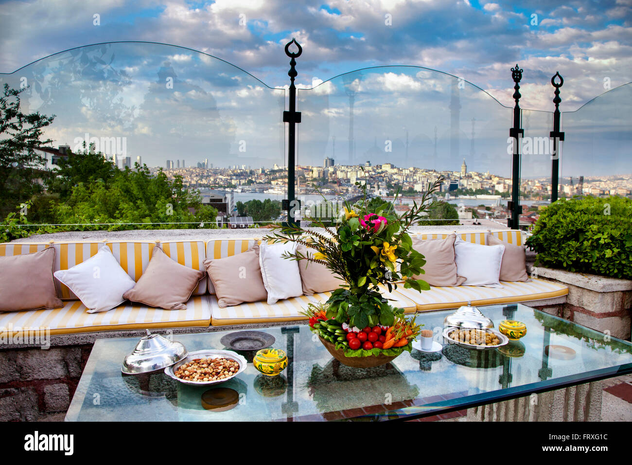 Rooftop restaurant with view over the city, Istanbul, Turkey Stock ...
