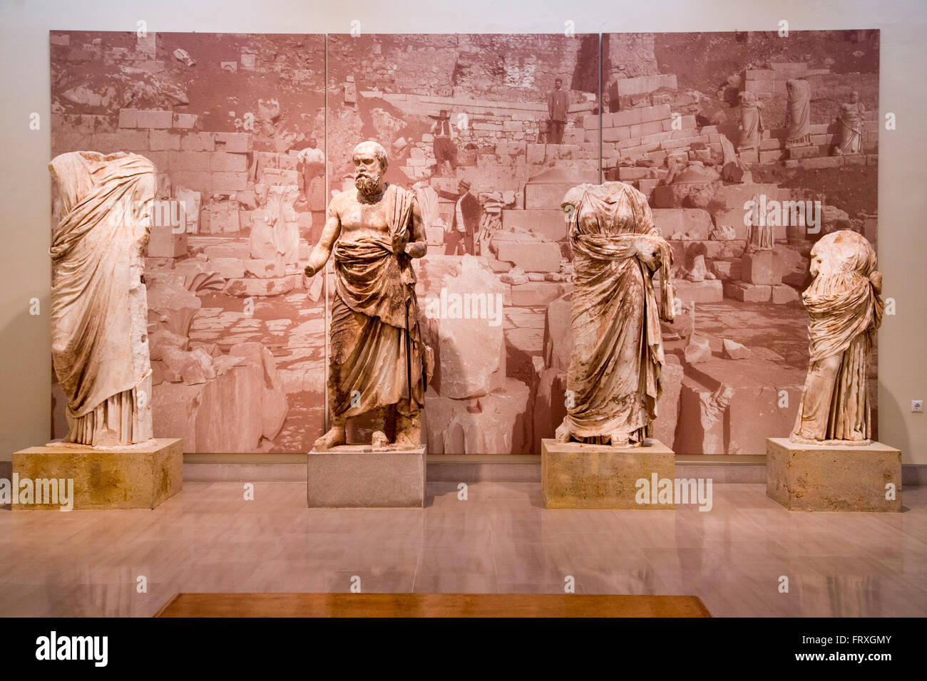 Ancient statues on display in the Delphi Museum, Delphi, Peloponnese ...
