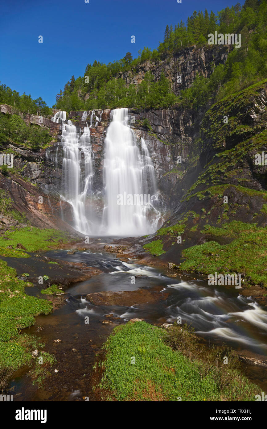 Skjervefossen waterfall near Voss, RV 13, Province of Hordaland ...