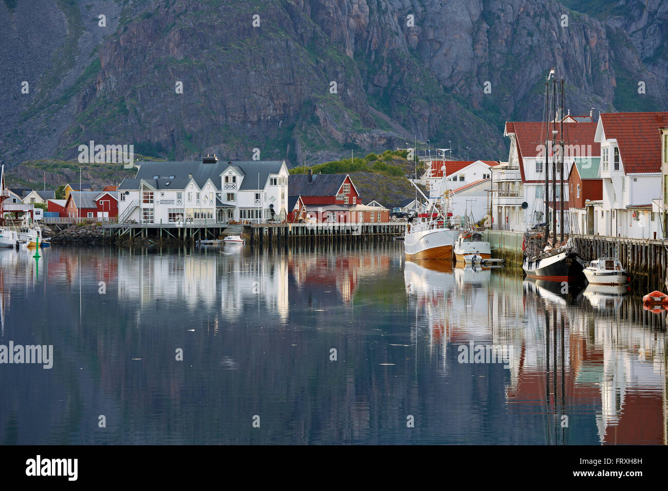 In the harbour of Henningsvaer, Isle of Austvagoya, Lofoten, Province ...