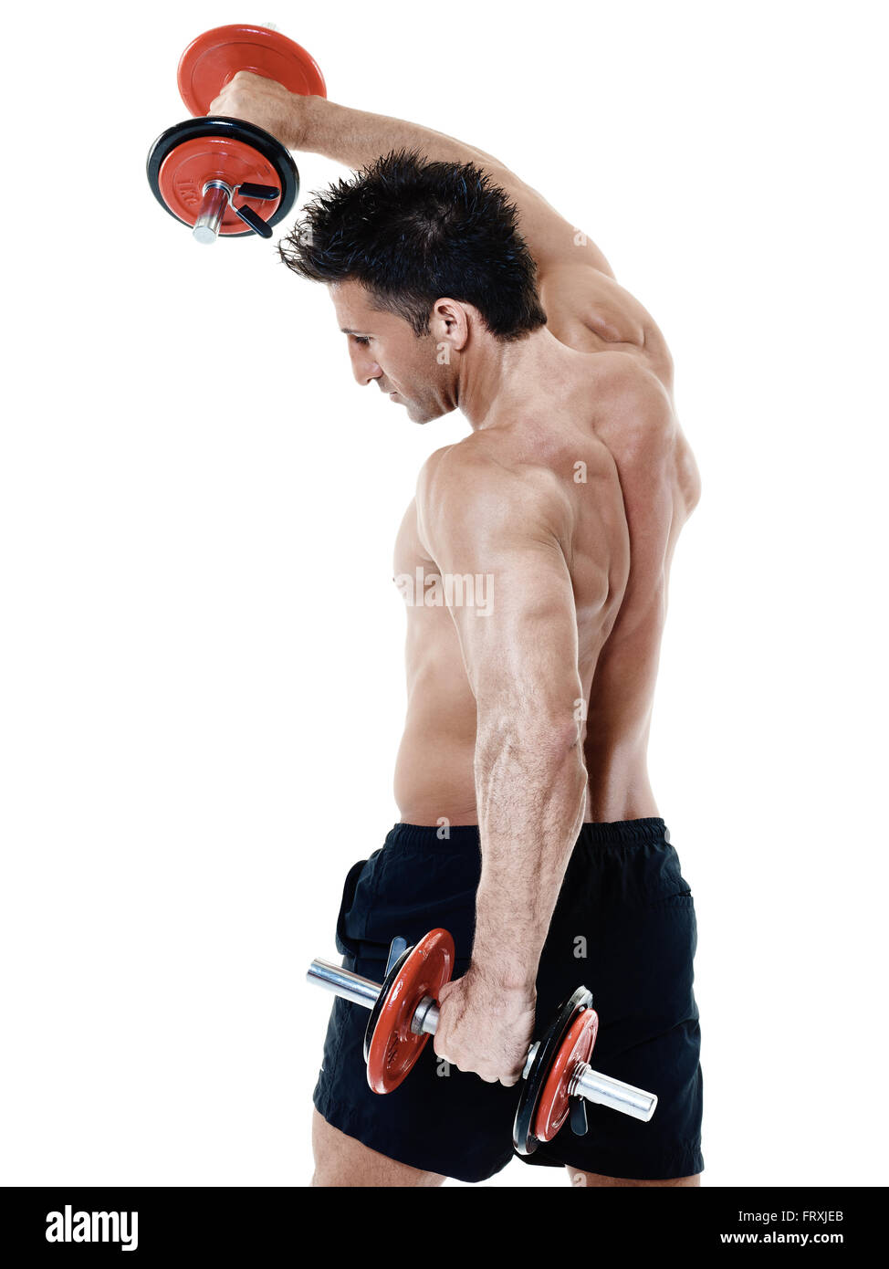 one caucasian man exercising fitness weights exercices isolated on ...