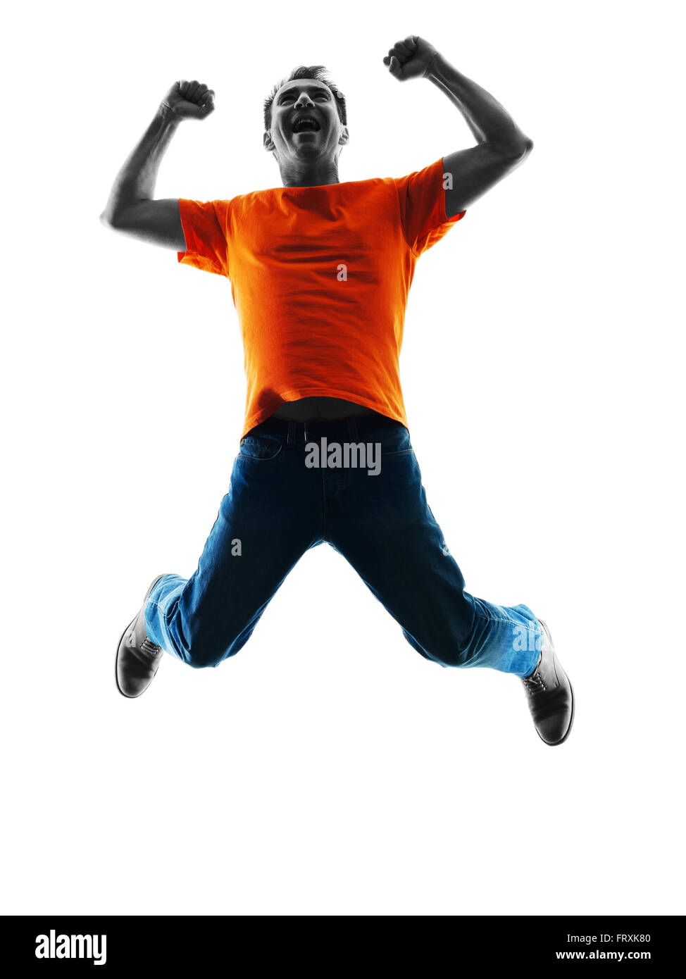 one causcasian man jumping happy in silhouette isolated on white ...