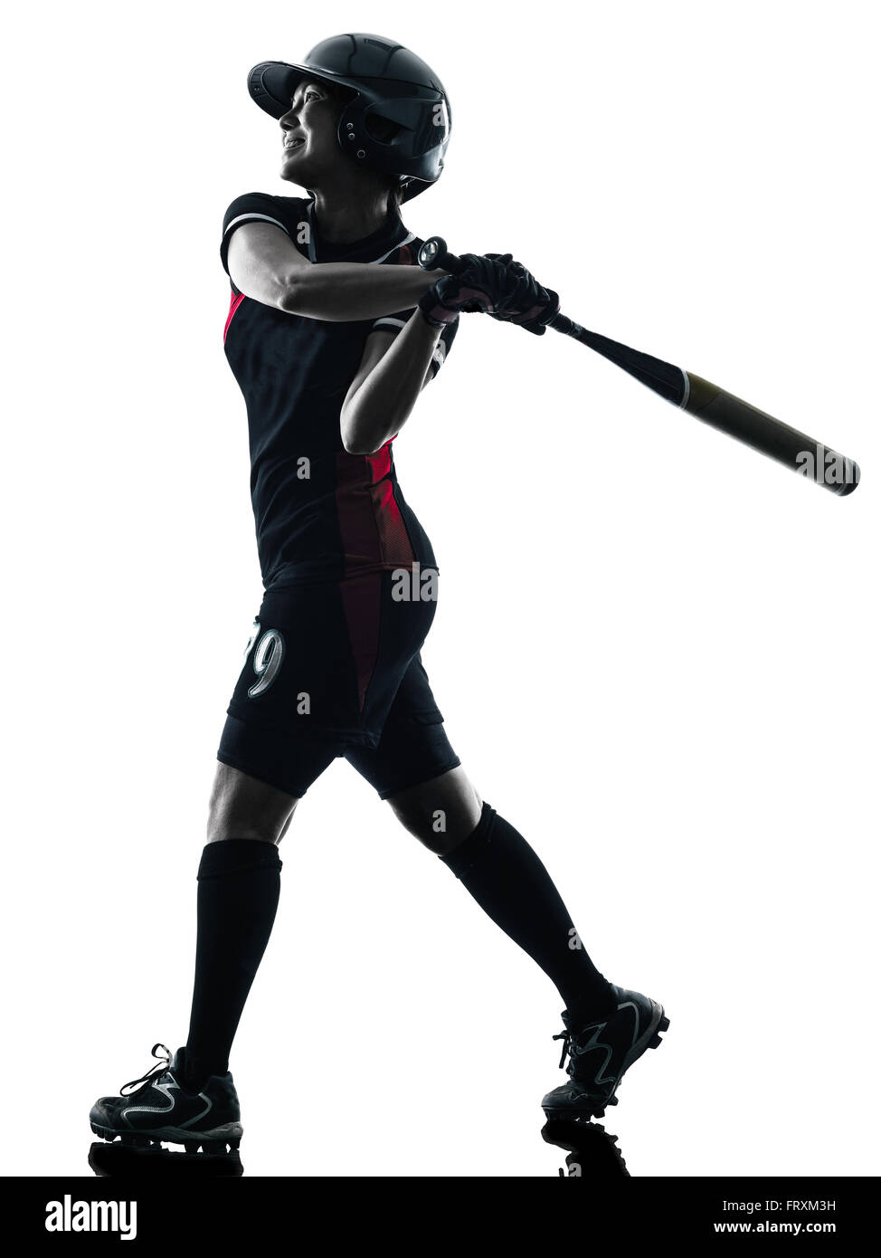 one woman playing softball players in silhouette isolated on white ...