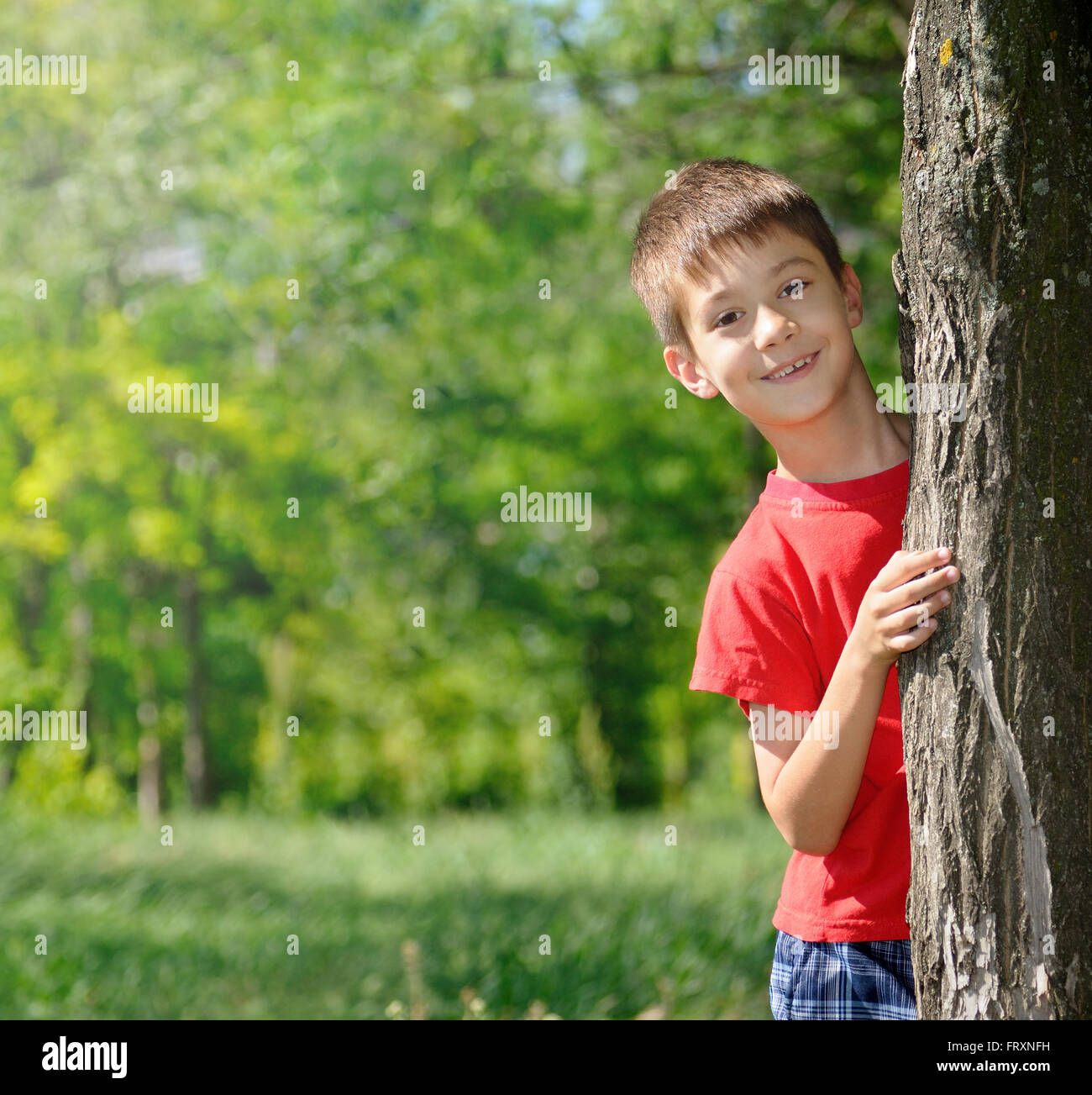 Cute boy standing near tree in park Stock Photo - Alamy
