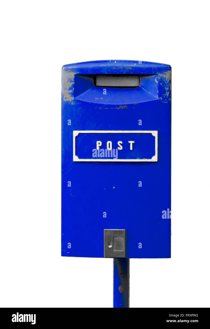 Blue postbox with white lettering isolated on the white background ...