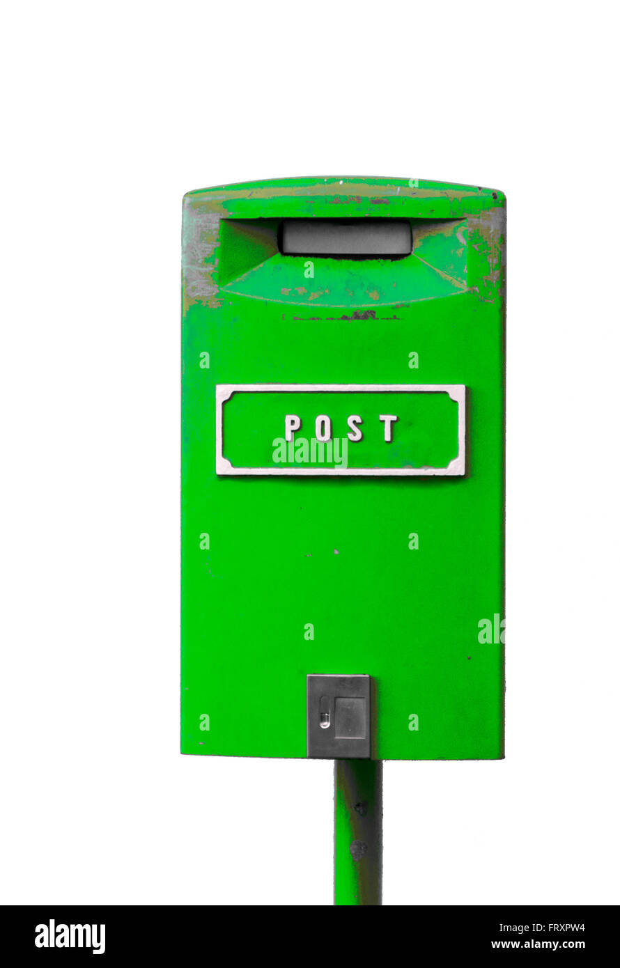 Green postbox with white lettering isolated on the white background ...