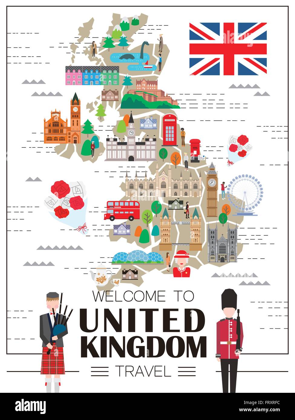 lovely United Kingdom travel map with attractions Stock Vector Image ...