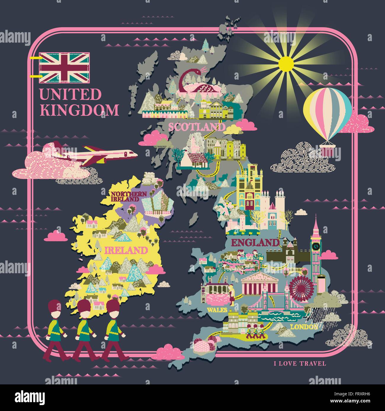 lovely United Kingdom travel map with attractions icon Stock Vector ...