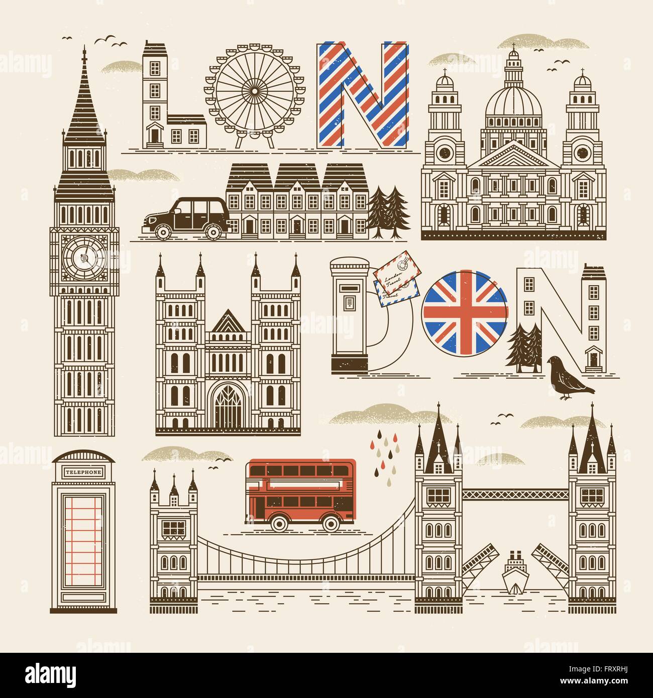 retro London attractions collection in thin line style Stock Vector ...