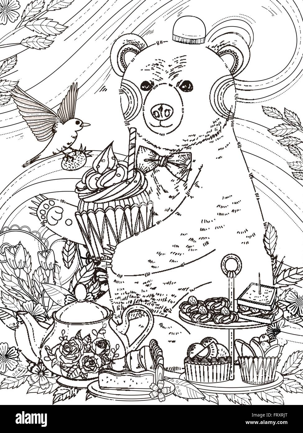 lovely bear enjoys afternoon tea - adult coloring page Stock Vector ...