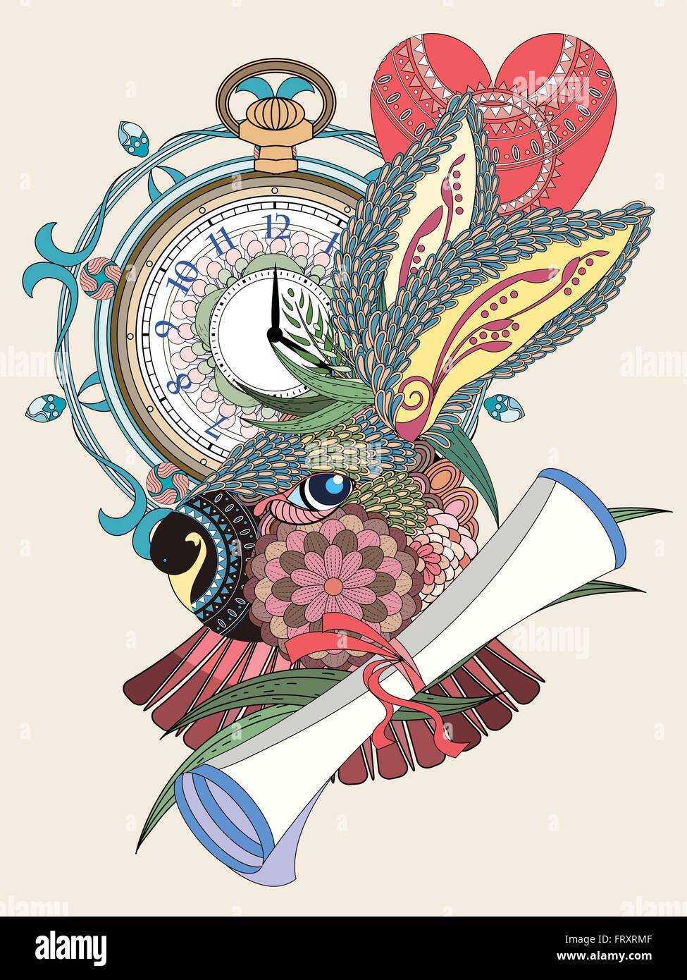 lovely rabbit with clock and letter - adult coloring page Stock Vector ...