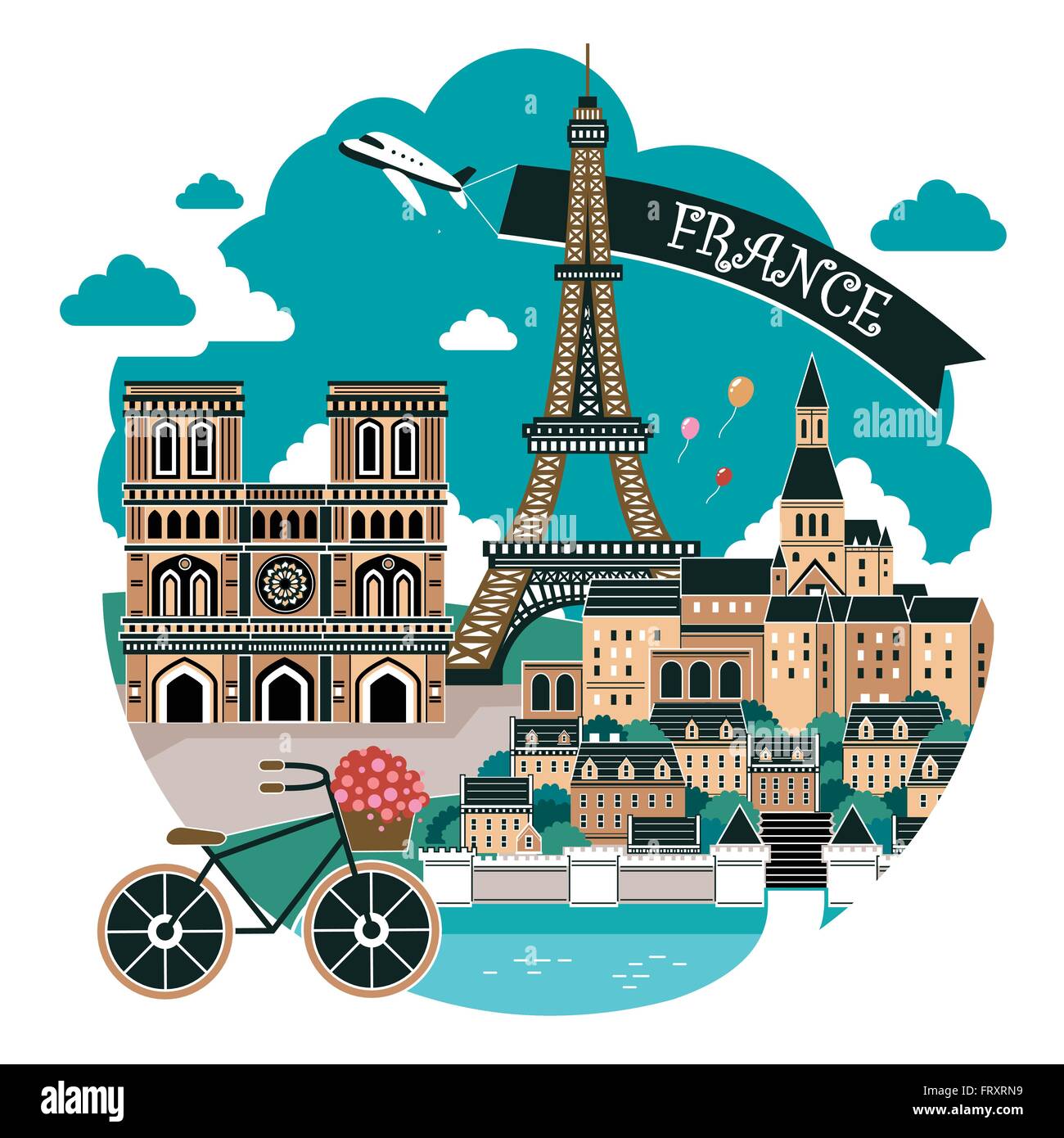 beautiful France city scenery with famous attractions Stock Vector ...