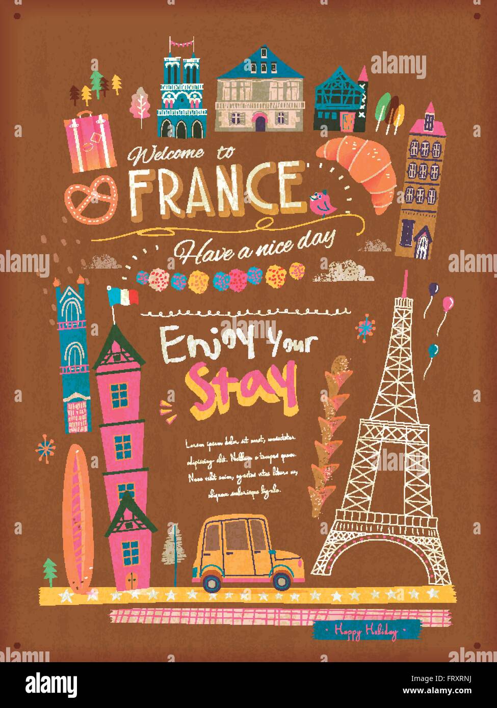 lovely France travel poster with famous attractions and specialties ...