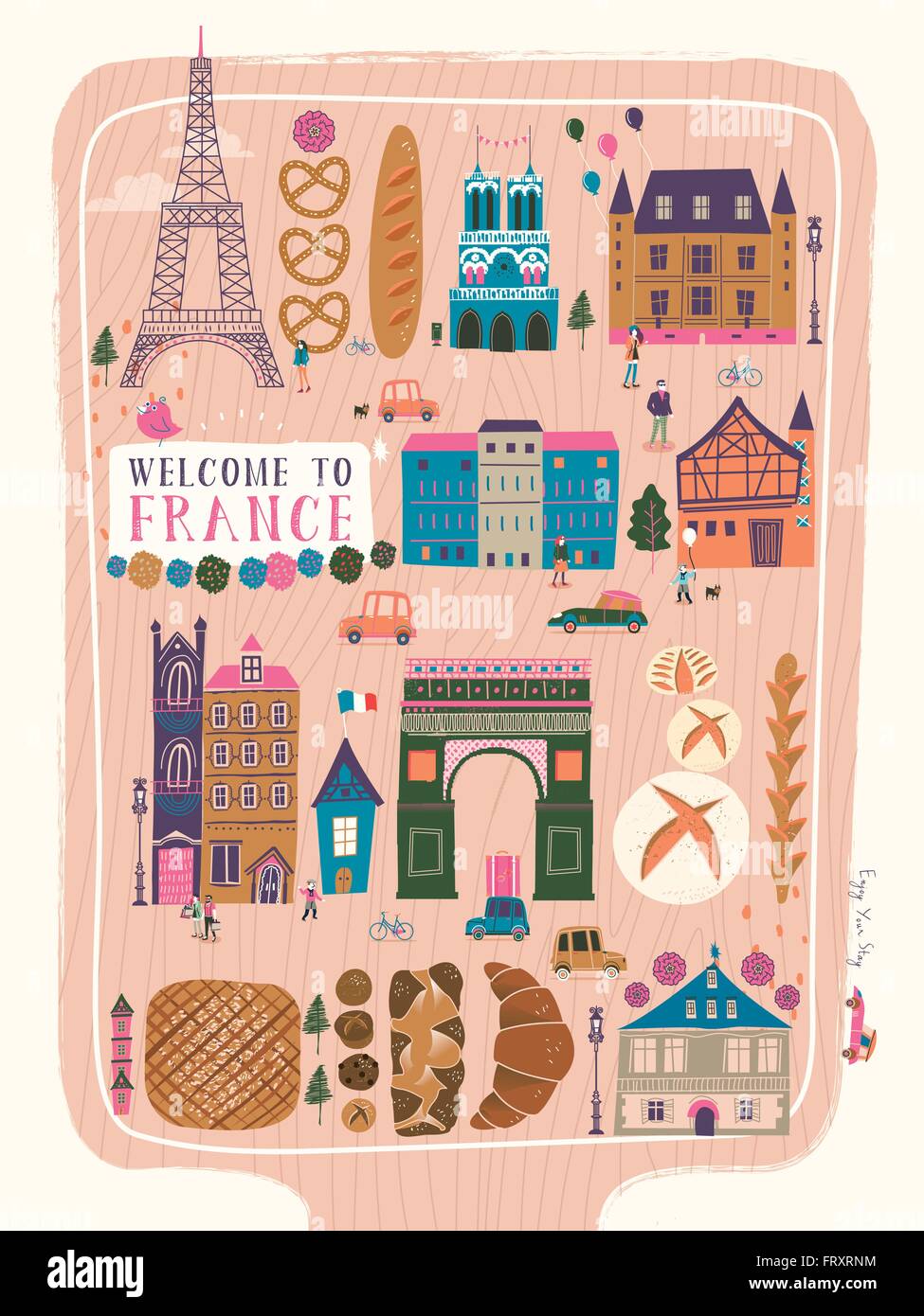 lovely France travel poster with famous attractions and specialties ...