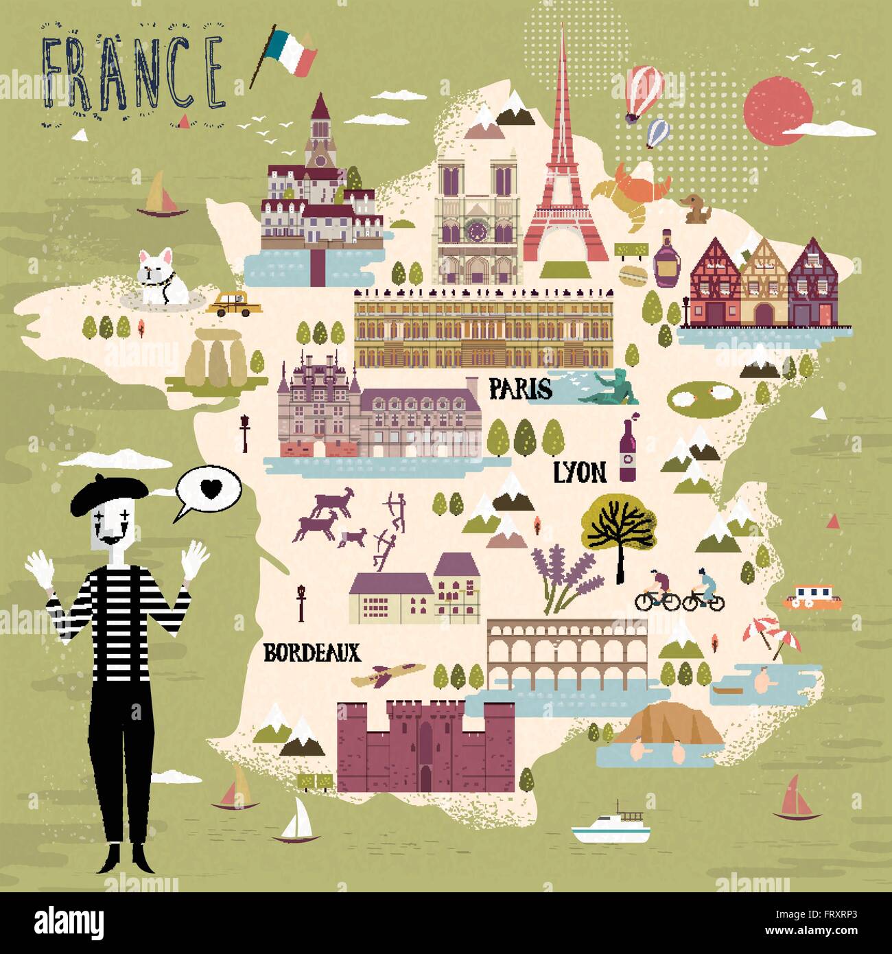adorable France travel map with attractions and specialties Stock ...