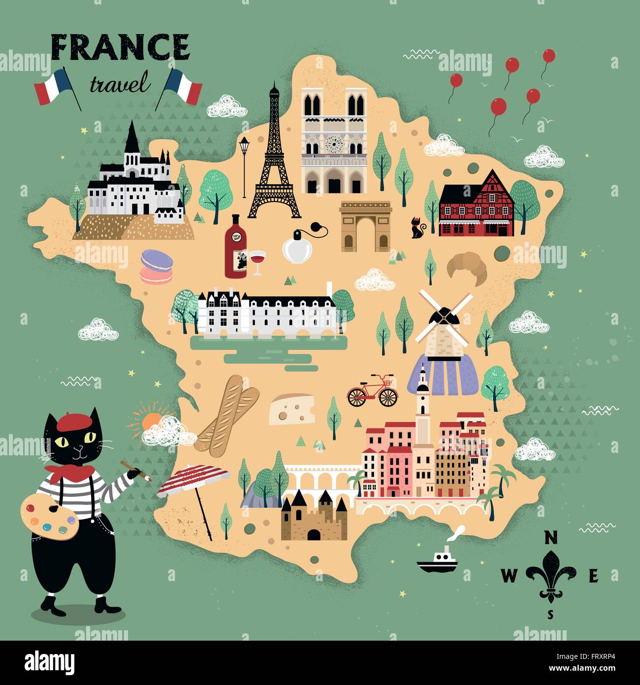 adorable France travel map design with cats and famous attractions ...