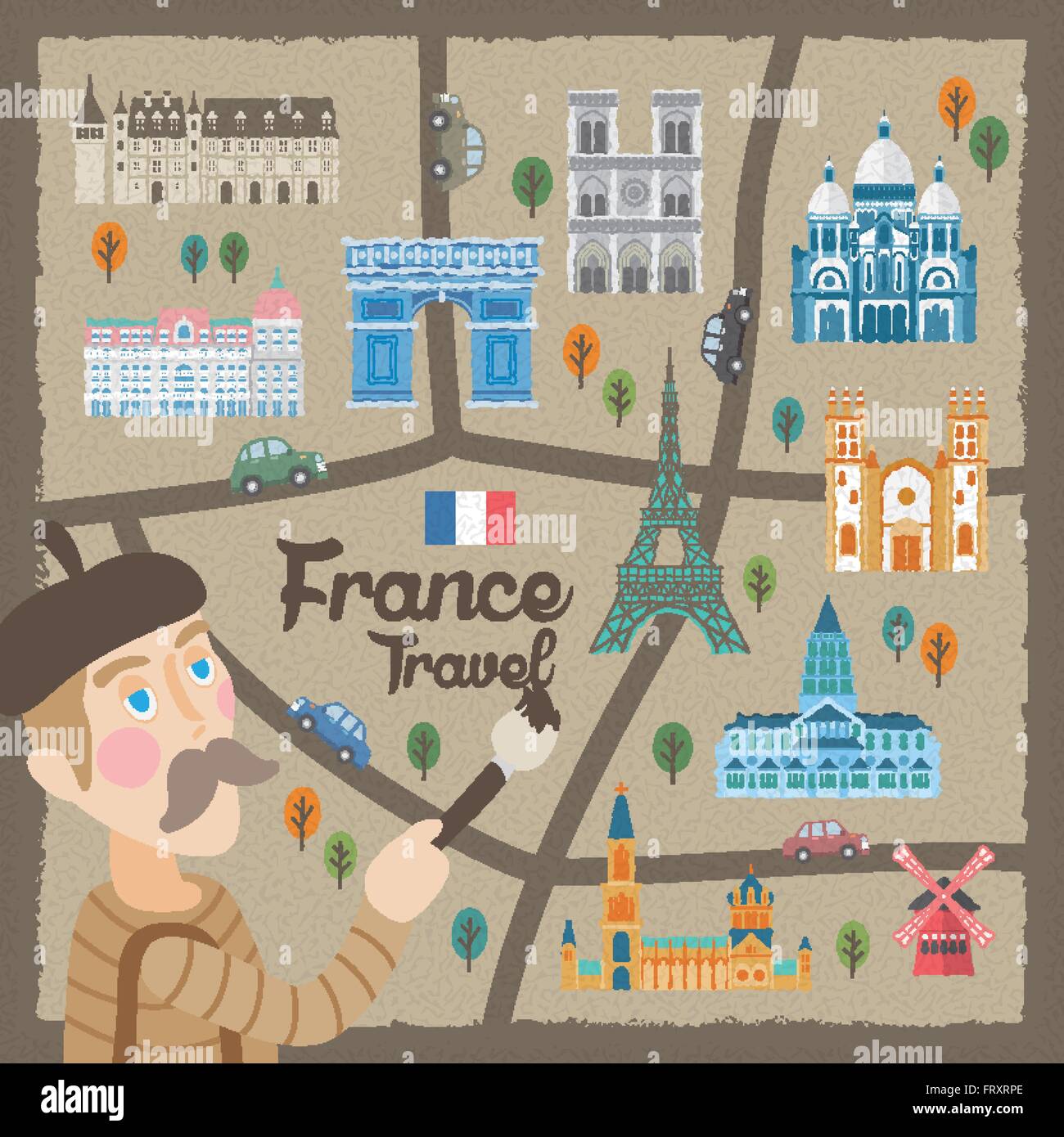 attractive France walking map drawn by a artist Stock Vector Image ...