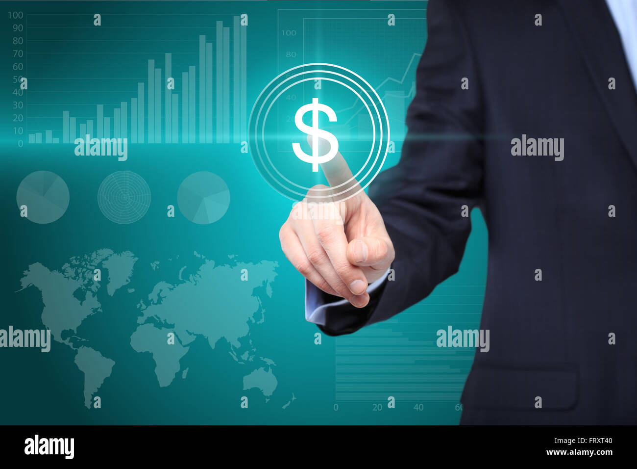 Businessman presses digital interface dollar sign Stock Photo - Alamy