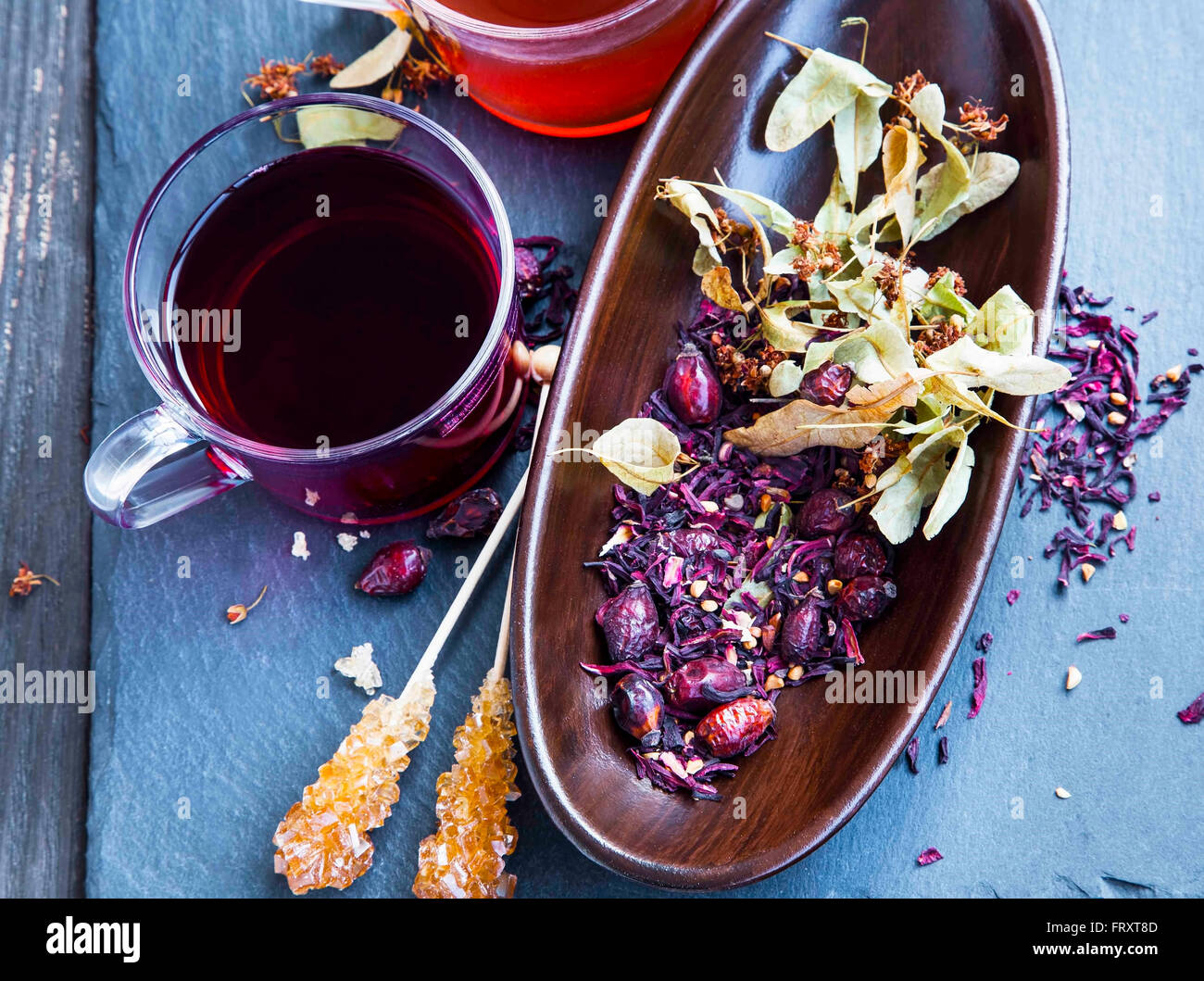 Red tea with hibiscus,linden and rosehip, brown sugar rock candies and ...