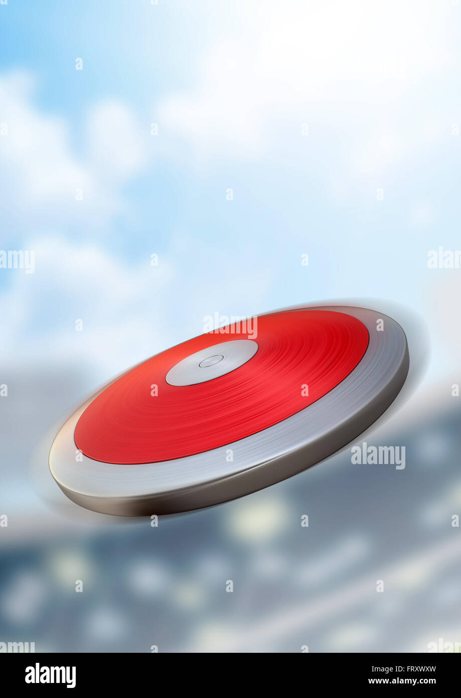 A discus flying through the air in a generic sports stadium in the ...