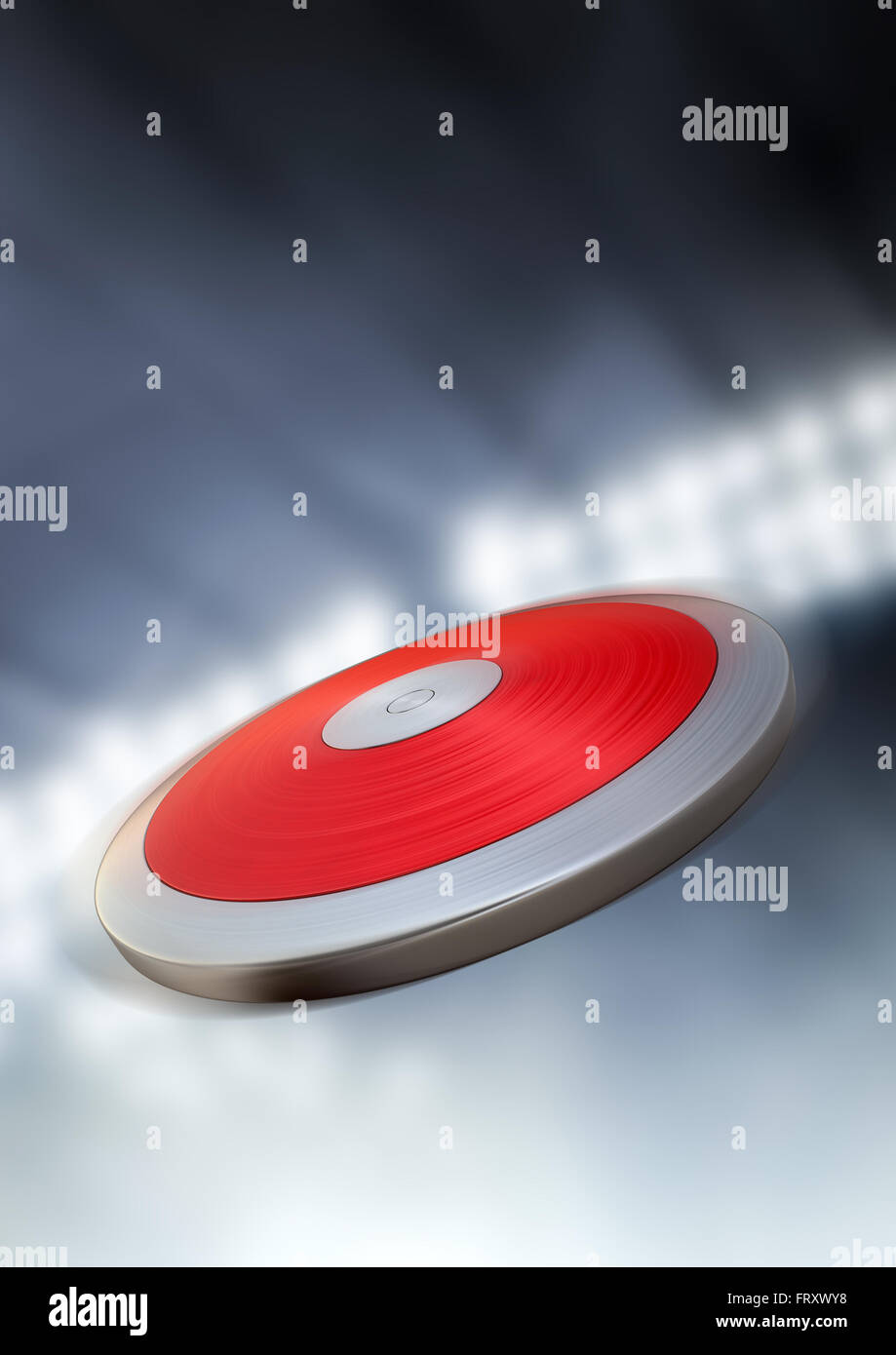 A discus flying through the air in a generic stadium at night under ...