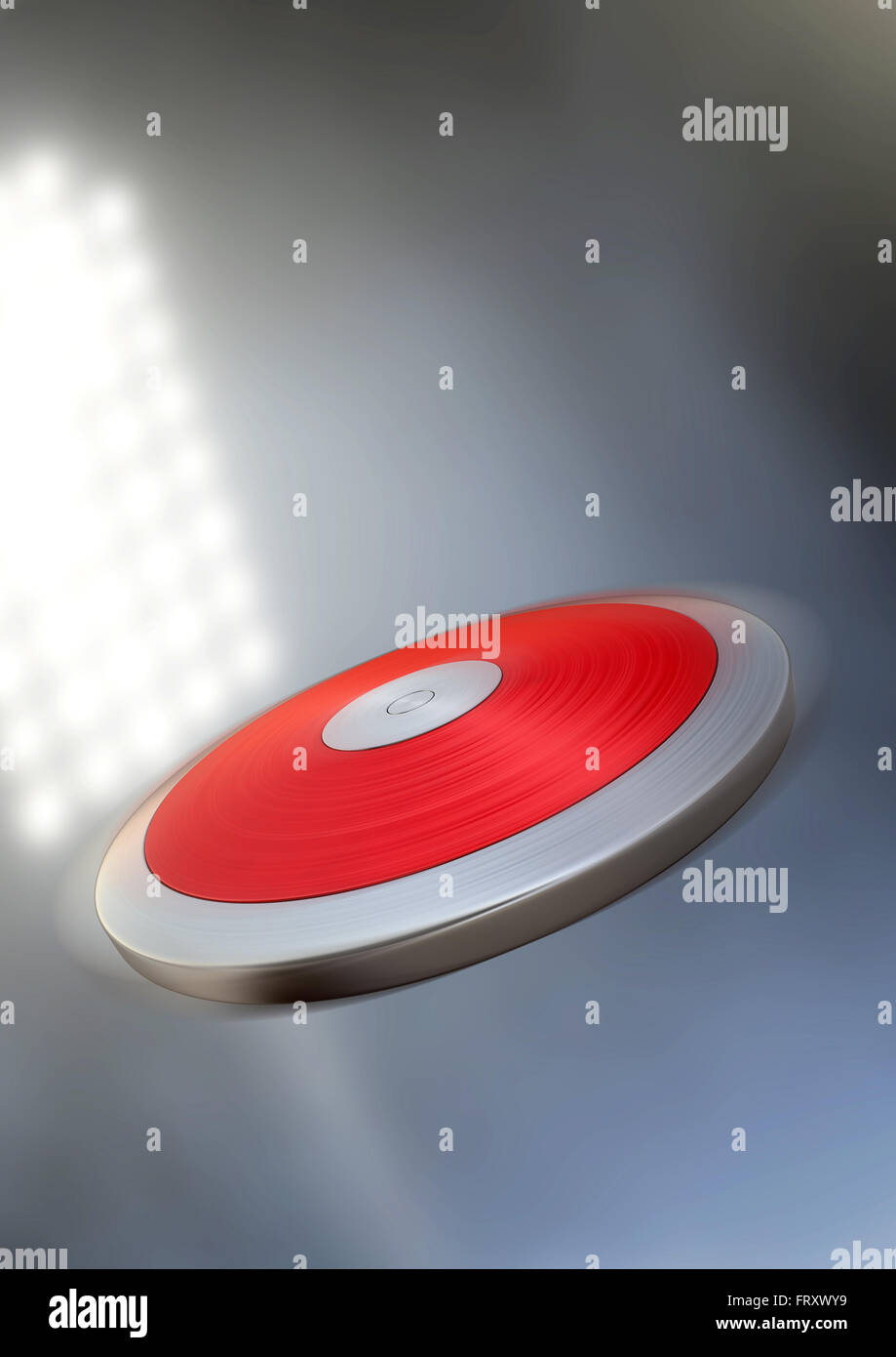 A discus flying through the air in a generic stadium at night under ...