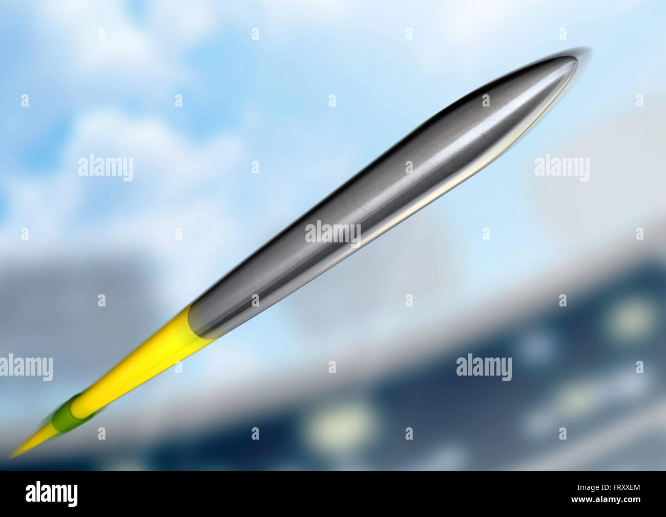 A javelin flying through the air in a generic sports stadium in the ...