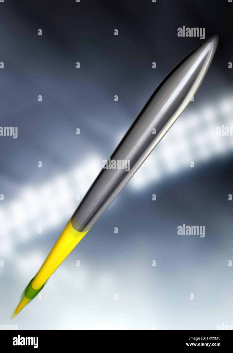 A javelin flying through the air in a generic stadium at night under ...