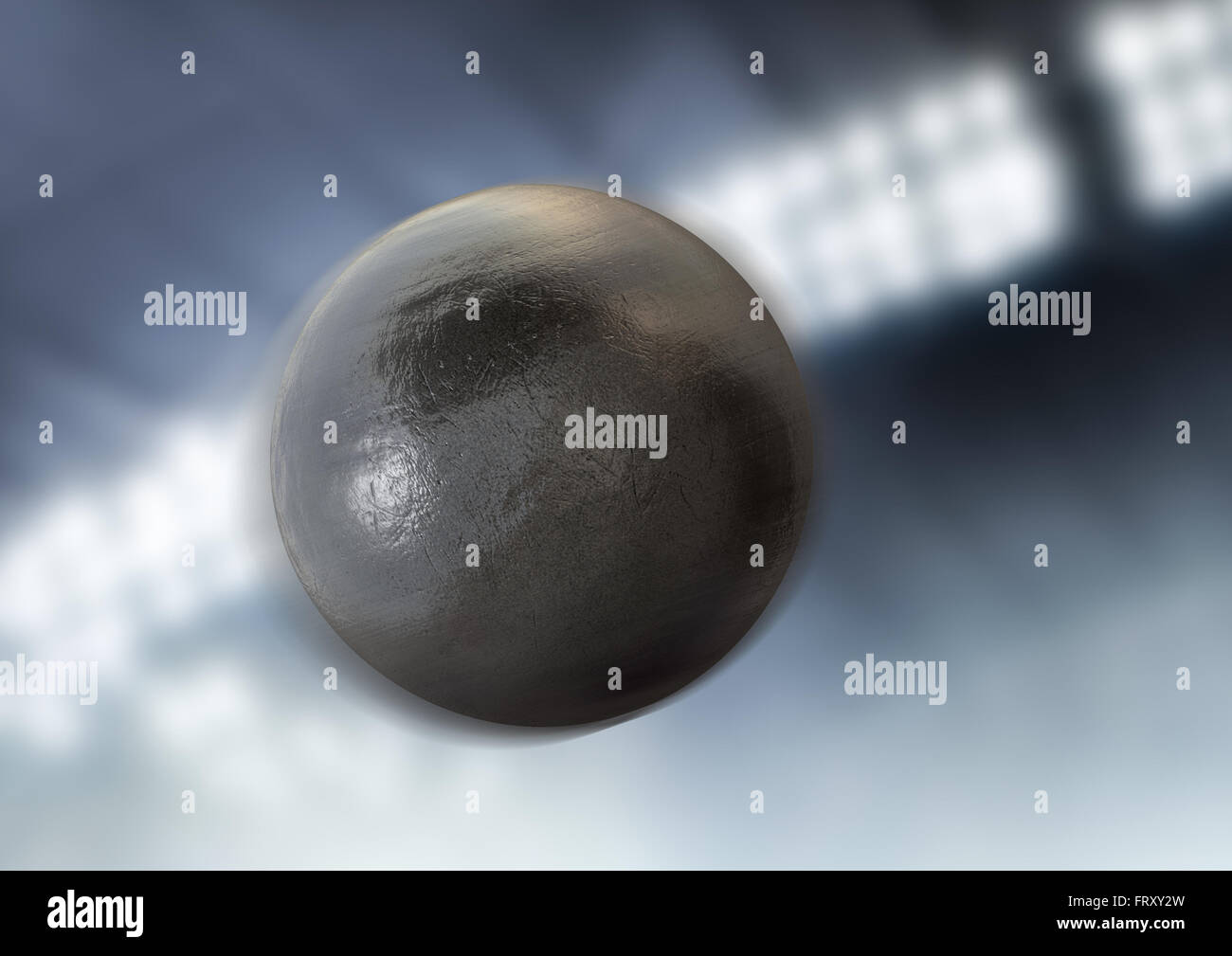 A shot put ball flying through a generic stadium at night under ...