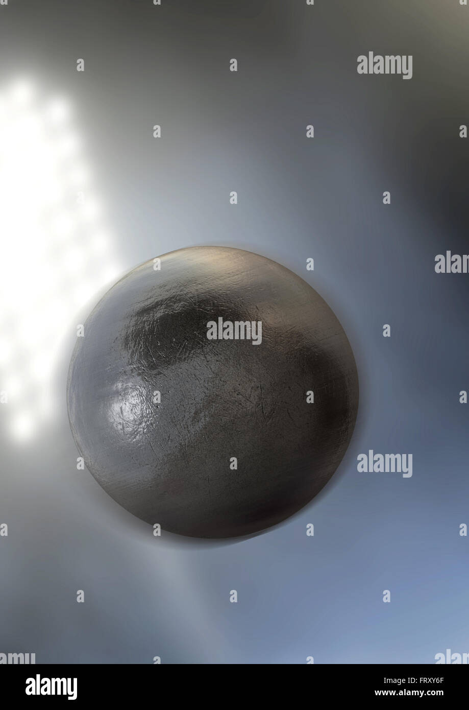 A shot put ball flying through a generic stadium at night under ...