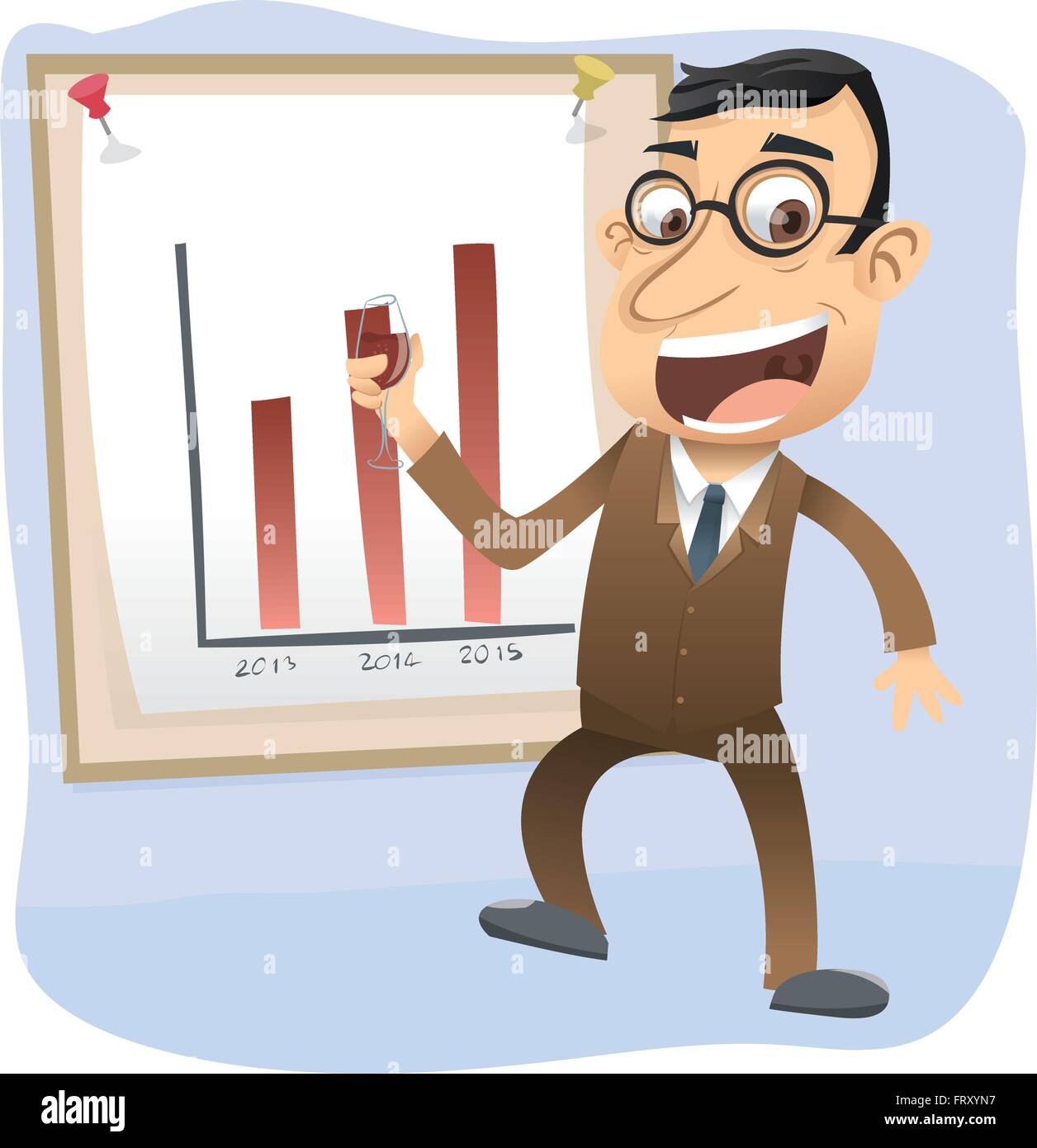 Cartoon boss celebrating for growing business statistics with glass of ...