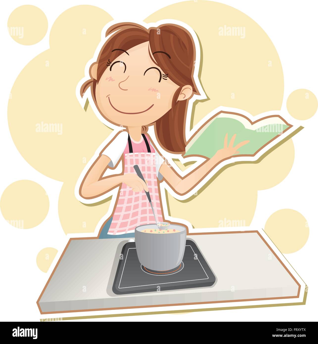Cartoon smiling woman cooking at stove with cookbook Stock Vector Image ...