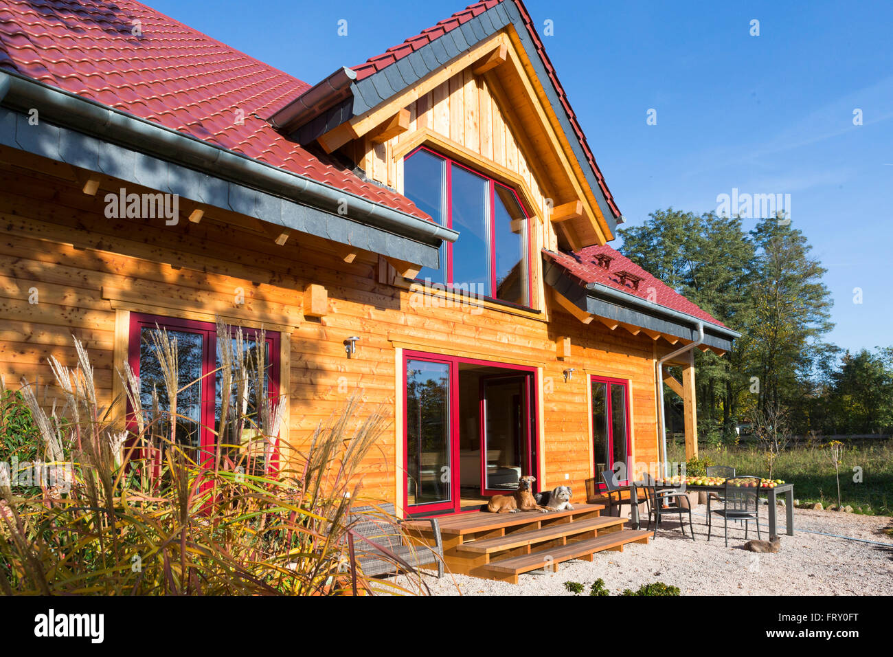 Modern log house made of larch with terrace, Wustermark, Brandenburg ...