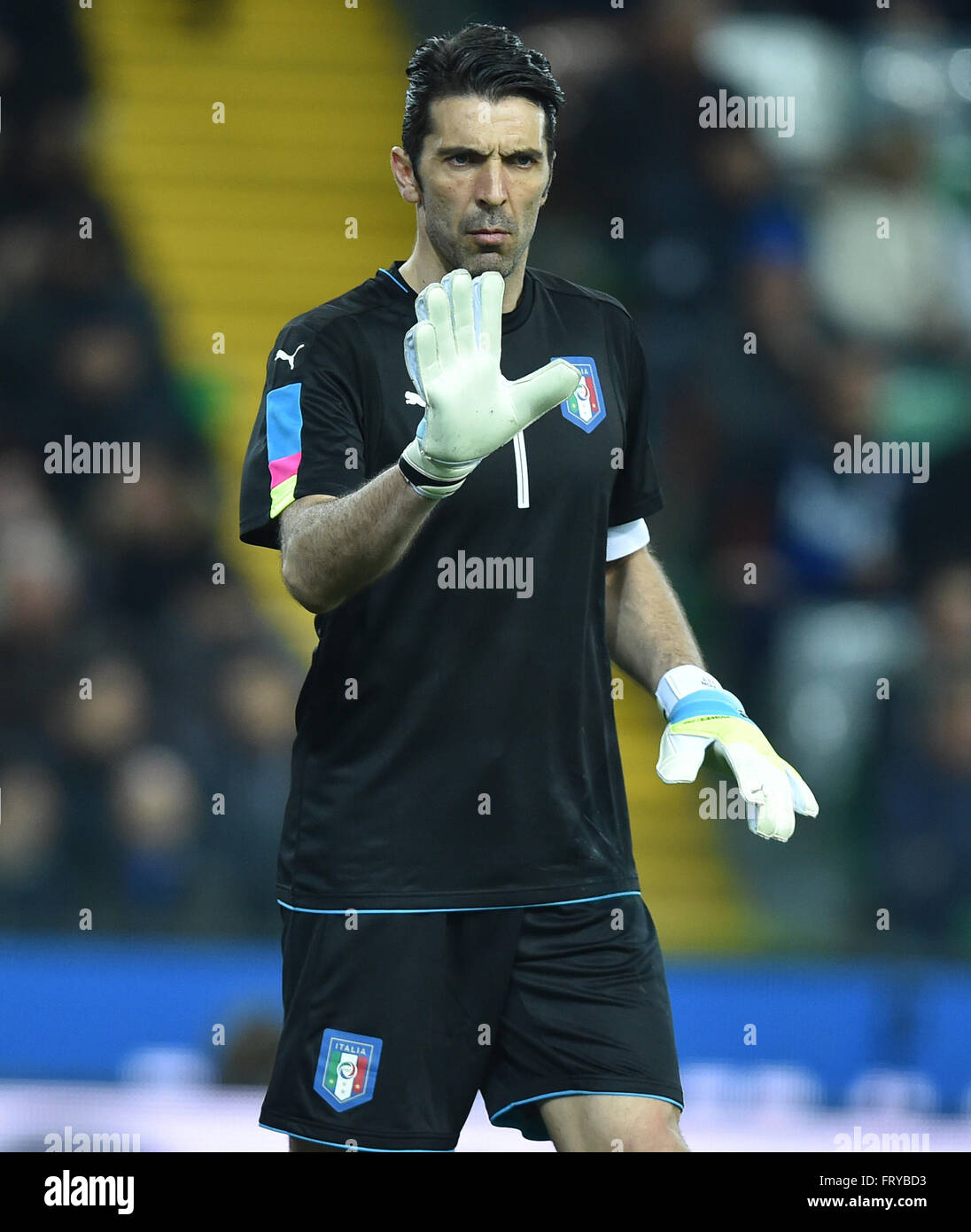 Udine, Italy. 24th Mar, 2016. Italy's Gianluigi Buffon reacts during a ...