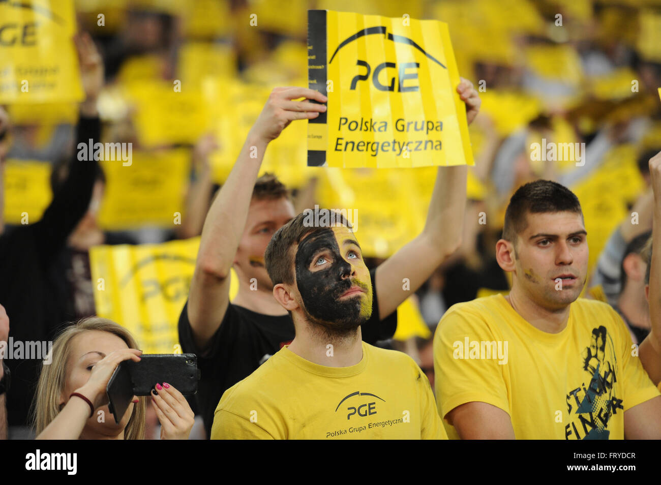 ?ód?, Poland. 24th Mar, 2016. Sad supporters of PGE Skra Belchatow ...