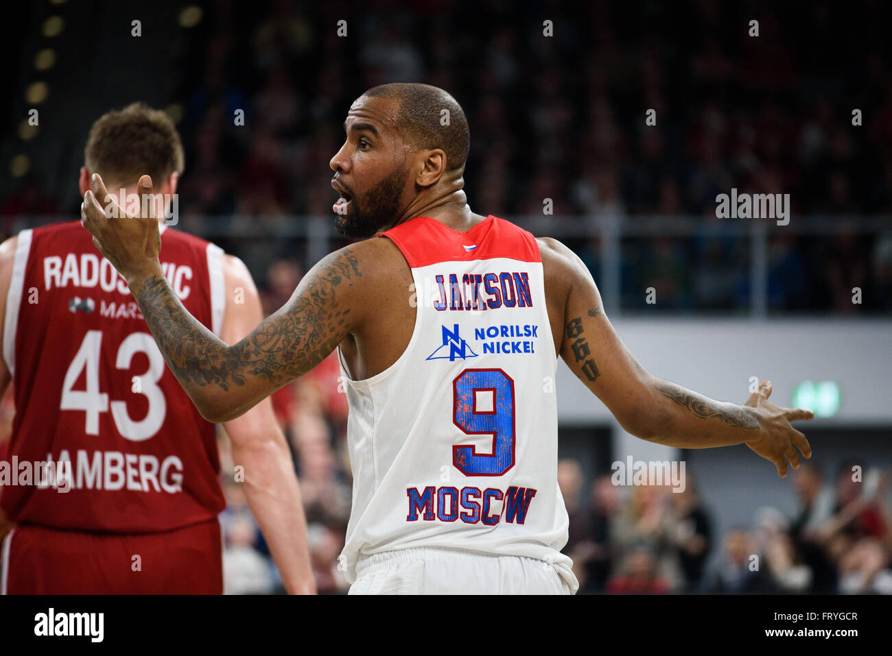 Bamberg, Germany. 24th Mar, 2016. Moscow's Aaron Jackson gestures ...