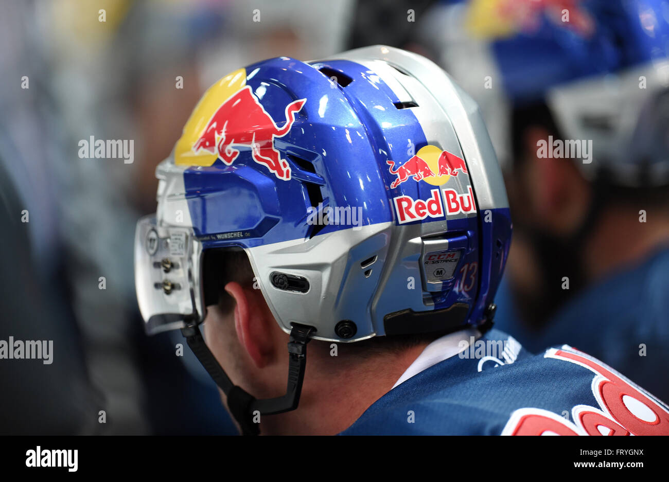A Muenchen player wears the logo of sponsor Red Bull on his helmet at ...