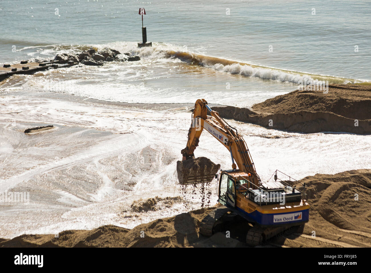 Bournemouth, Dorset, UK 25 March 2016. Beach replenishment works ...