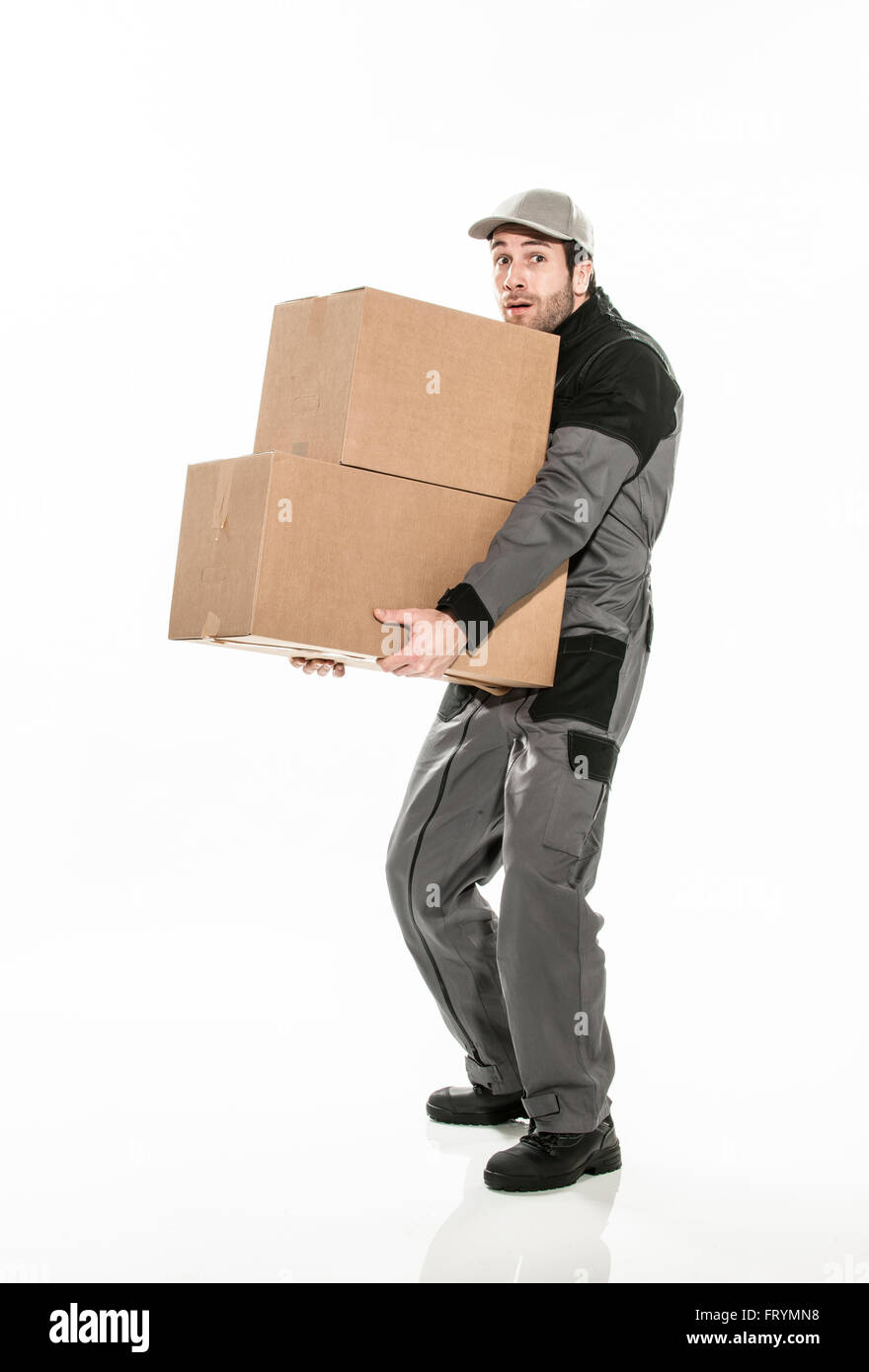 worker carrying too heavy boxes on isolated background Stock Photo - Alamy