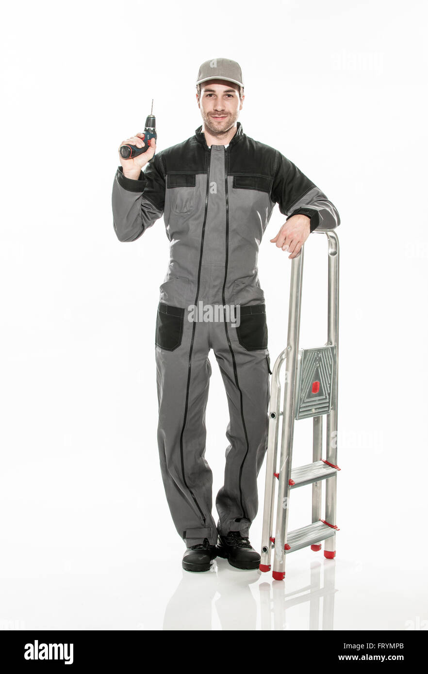 craftsman on isolated background with drill and ladder Stock Photo - Alamy