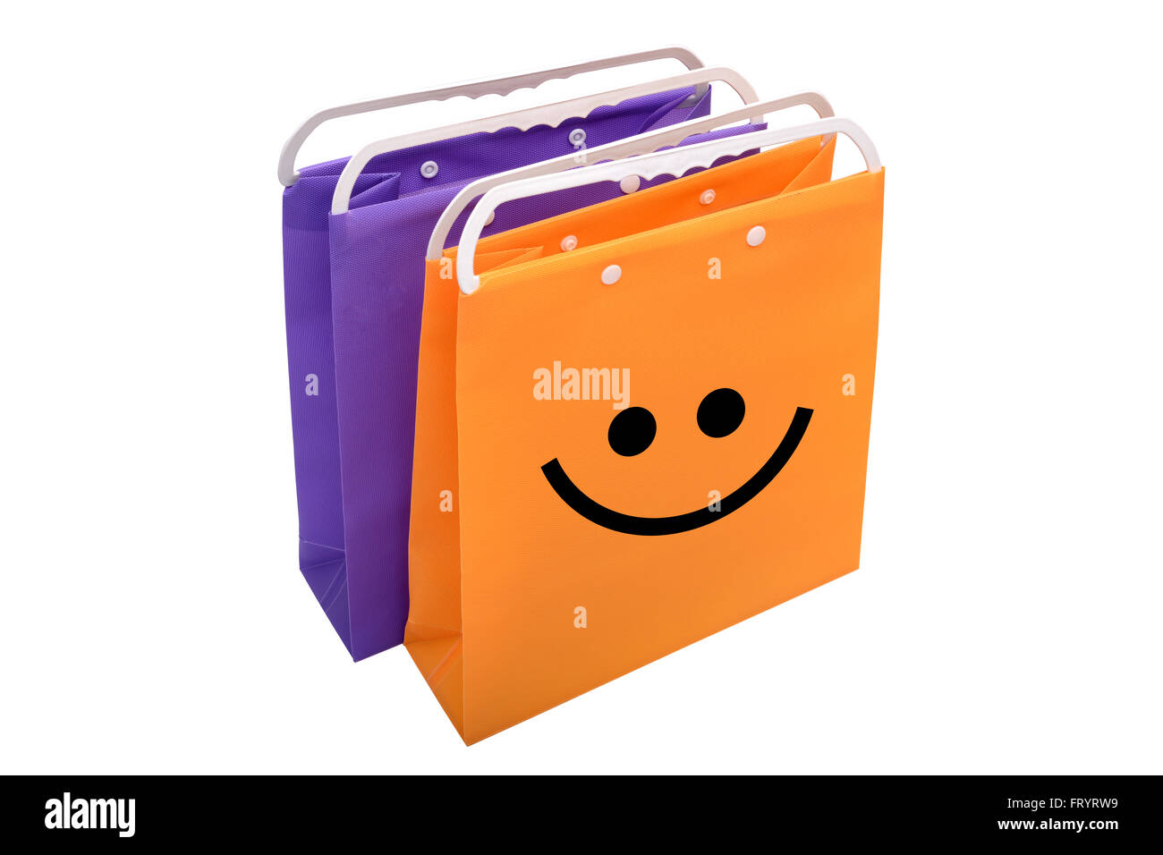 Shopping bag with smile icon on white background Stock Photo - Alamy