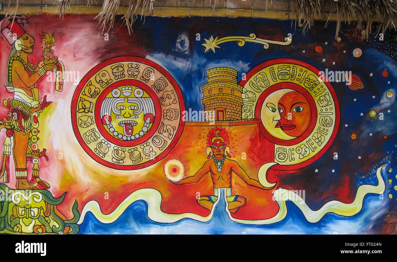 Colorful murals depicting Mayan culture on walls near Chichen Itza ...